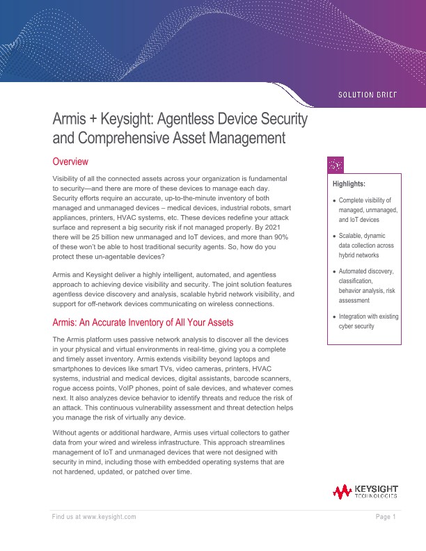 Armis + Keysight: Agentless Device Security and Comprehensive Asset Management PDF Asset Page ...